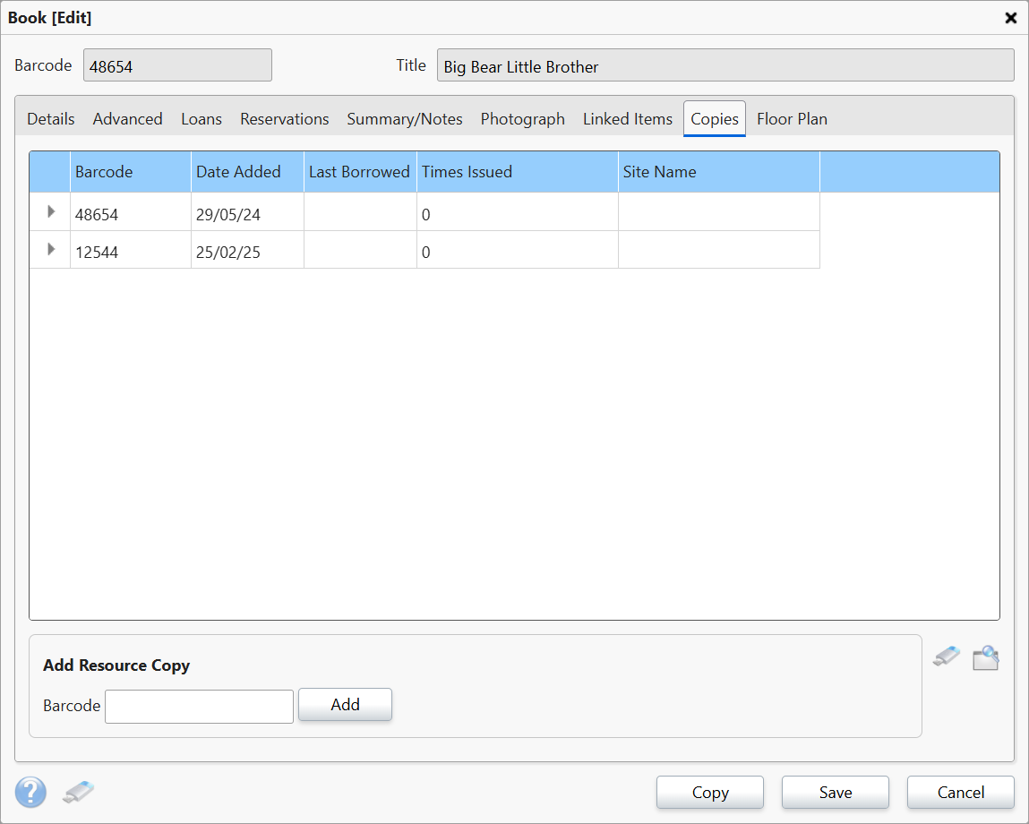 Resource Record Card - Copies Tab
